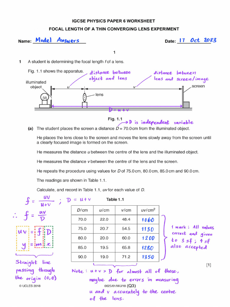 Model Answers - IGCSE Physics Paper 6 Worksheet - Focal Length of Thin Converging Lens | PDF