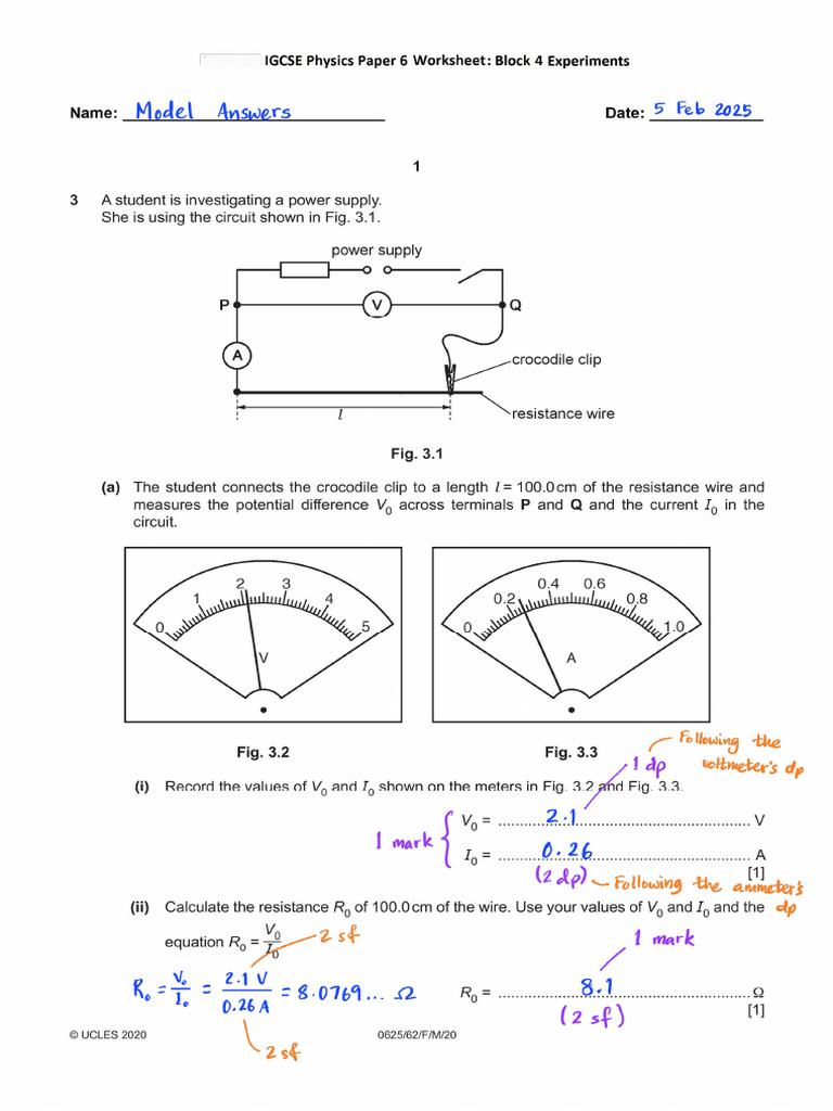 Model Answers - IGCSE Physics Paper 6 Worksheet - Electrical Resistance Experiments | PDF