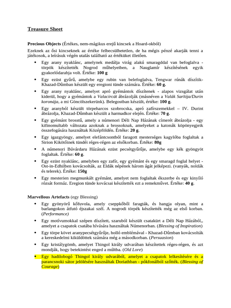 Treasure Sheet | PDF