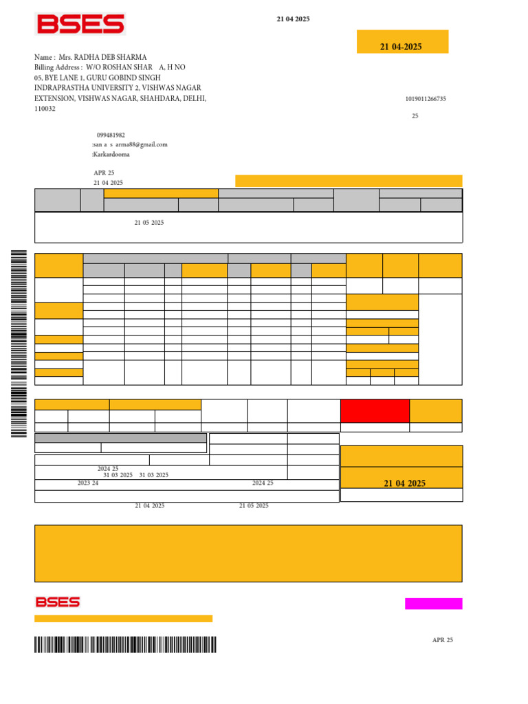BSES Electricity Bill for April 2025 | PDF | Cheque | Payments