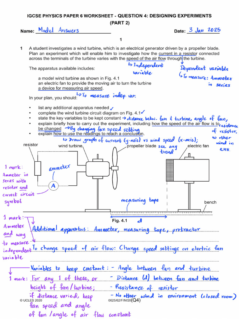 Model Answers - IGCSE Physics Paper 6, Question 4 Worksheet (Part 2) | PDF