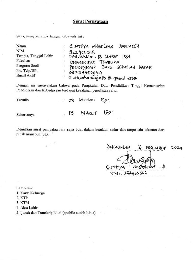 Surat Pernyataan Pddikti | PDF