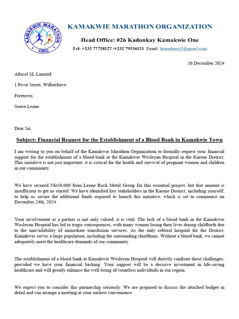 Letter of Financial Request for KaMO | PDF | Blood Transfusion | Medicine