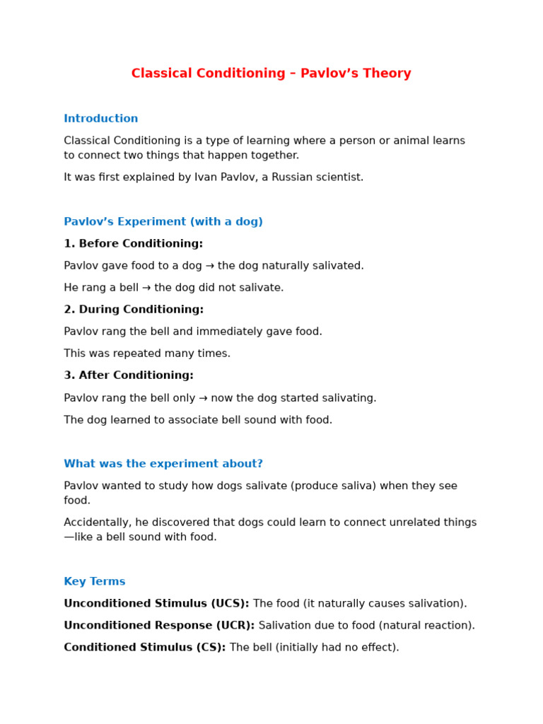 Classical Conditioning - Pavlov's Theory | PDF