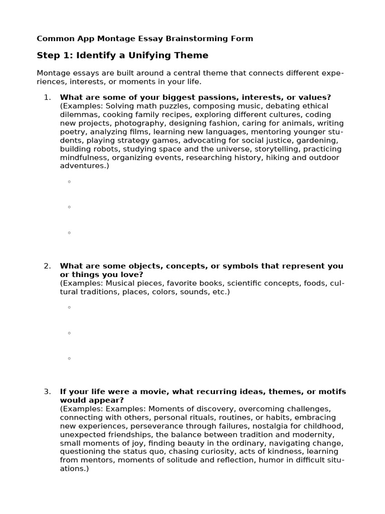 Common App Montage Essay Brainstorming Form 2025 4 | PDF | Essays