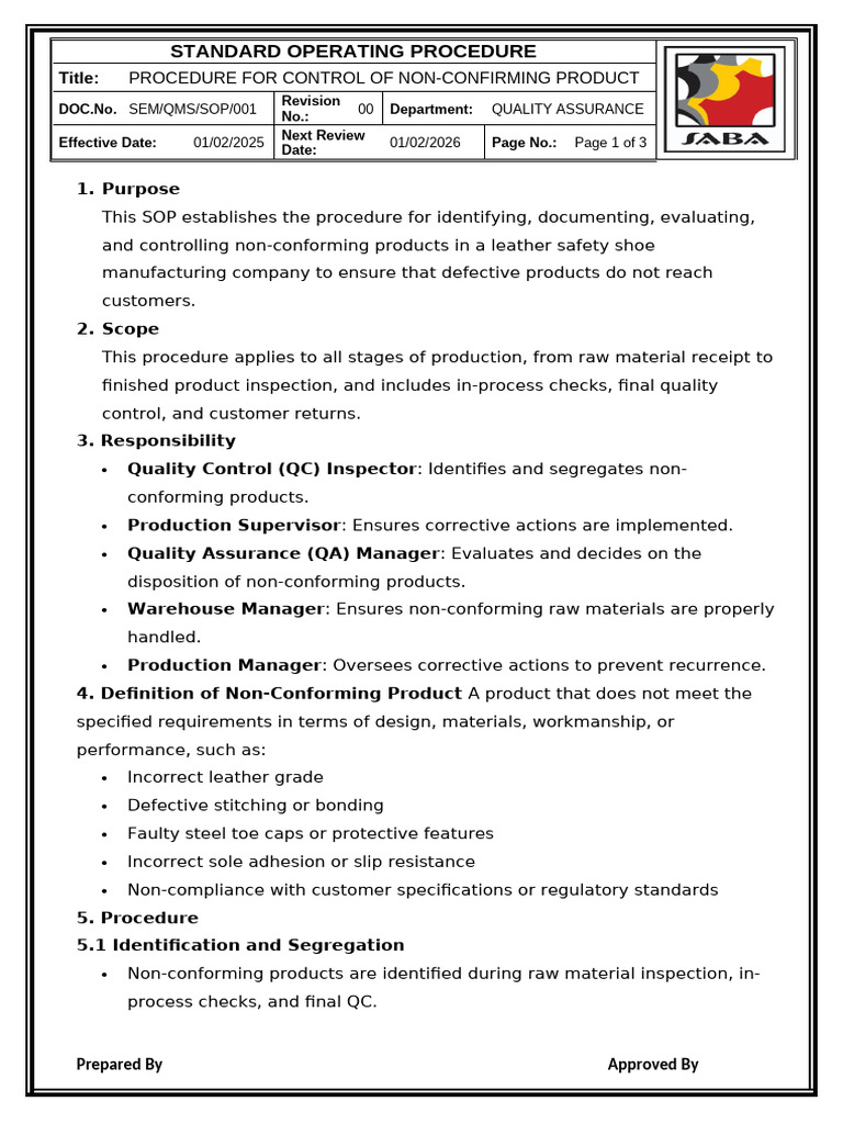 01 Sop For Control of Non Conforming Material | PDF | Quality Assurance ...