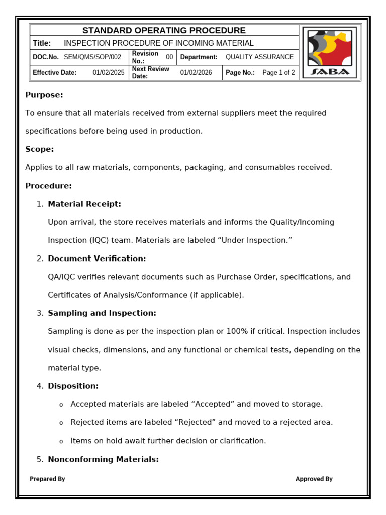 02 Sop Inspection Procedure Incoming Material | PDF | Quality Assurance | Specification ...