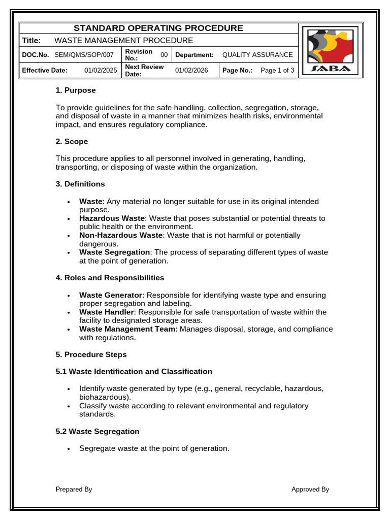 07 SOP WASTE MANAGEMENT | PDF | Waste | Waste Management
