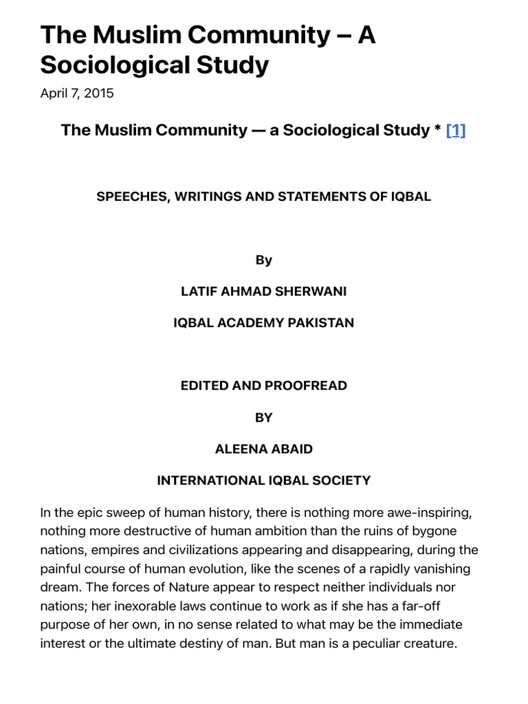 The Muslim Community – A Sociological Study - Speech by Iqbal at ...
