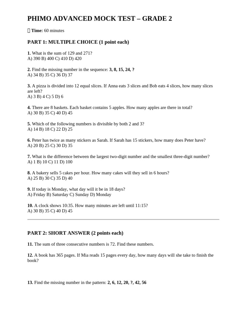Grade 2 Math Mock Test Questions | PDF