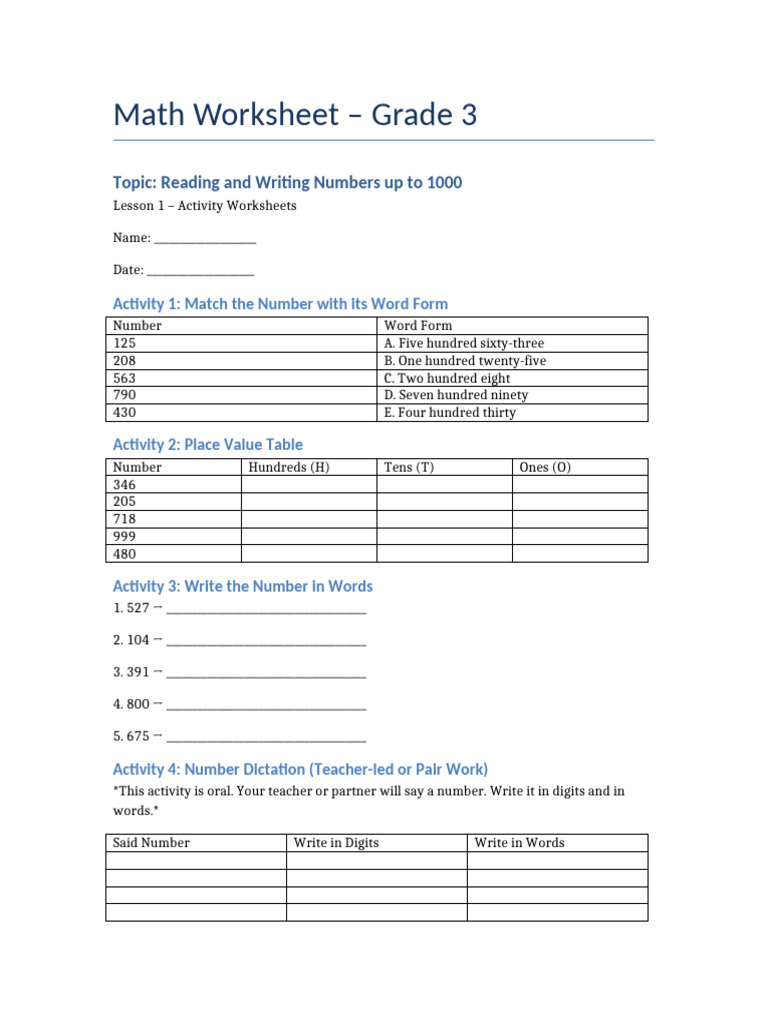 Math Grade3 Lesson1 Worksheet | PDF