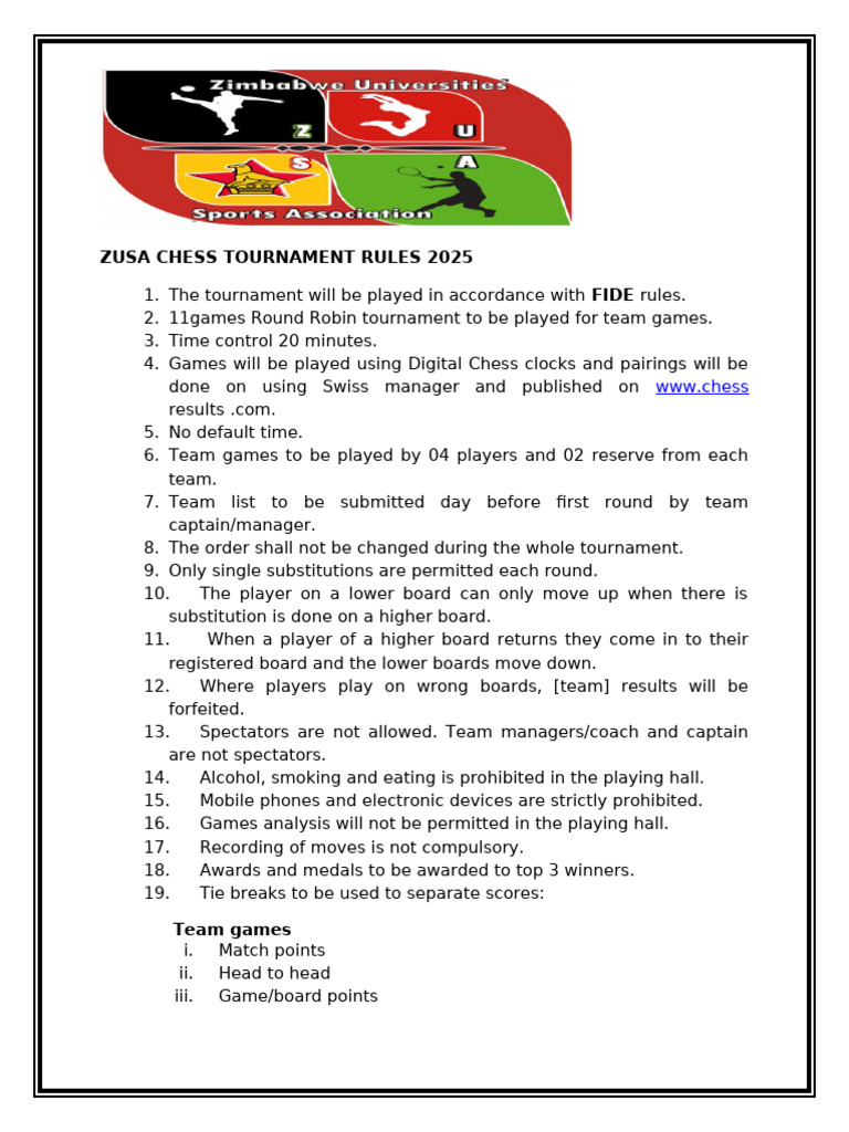Chess Tournament Rules ZUSA 2025 | PDF | Sports Competitions | Chess Competitions