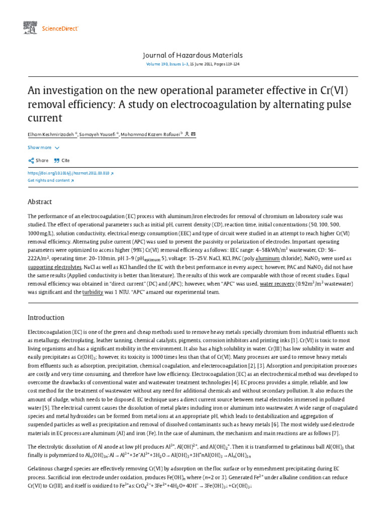 Cr(VI) Removal via Electrocoagulation Study | PDF | Chromium | Physical ...