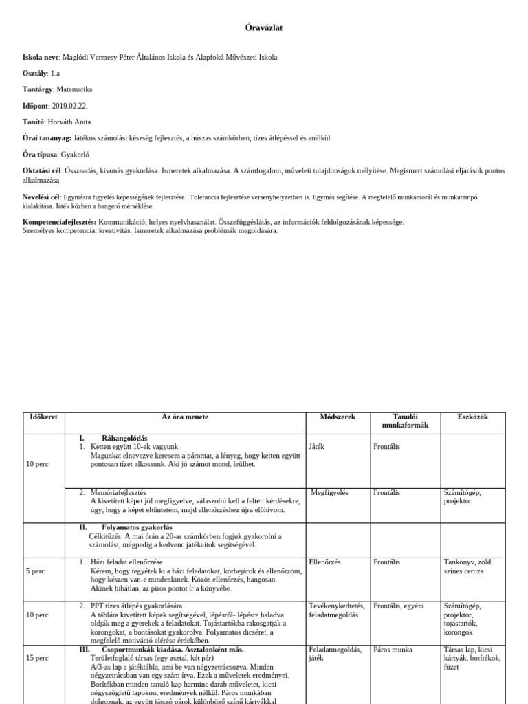 Óravázlat Matek 1.o | PDF