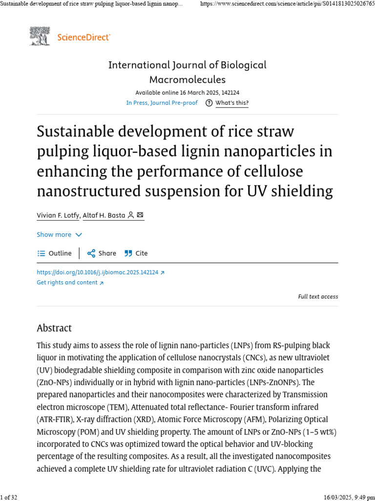 Sustainable development of rice straw pulping liquor-based lignin nanoparticles in enhancing the ...