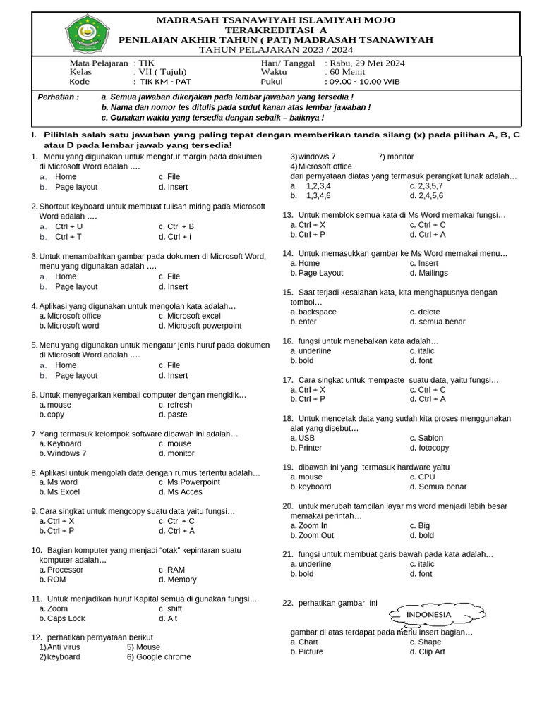 PAT TIK Kelas Tujuh Mei 2024 | PDF