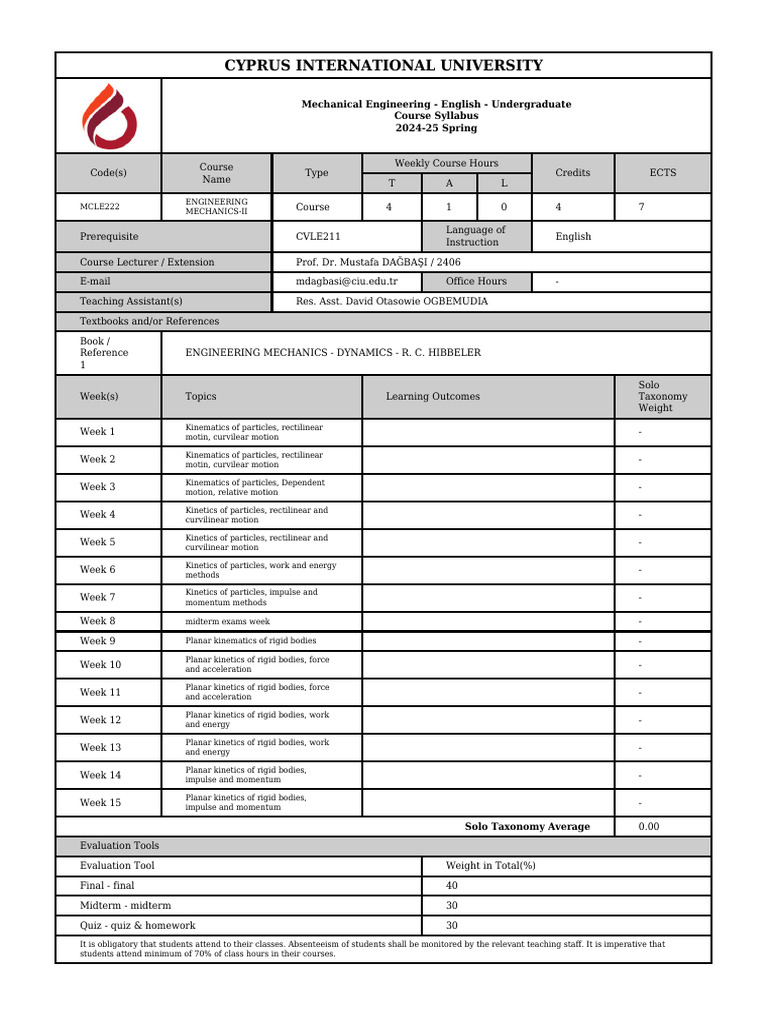 MCLE222_GR01(138495)_syllabus (5) | PDF | Classical Mechanics | Kinematics