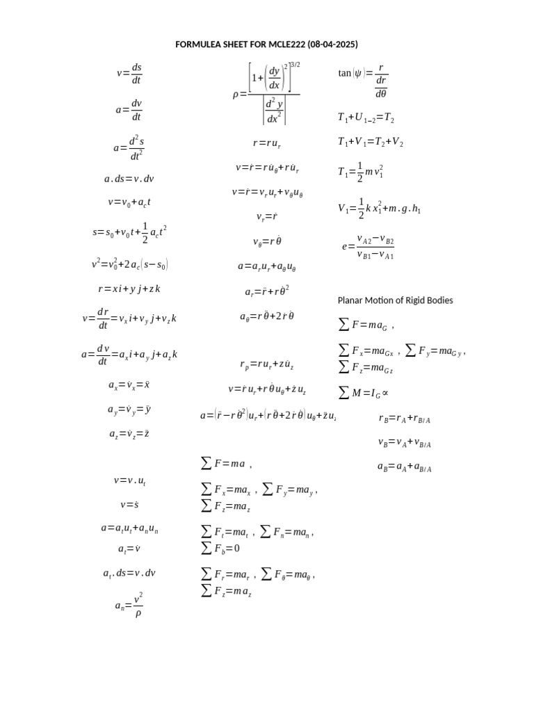 Formulea Sheet for MCLE222 | PDF