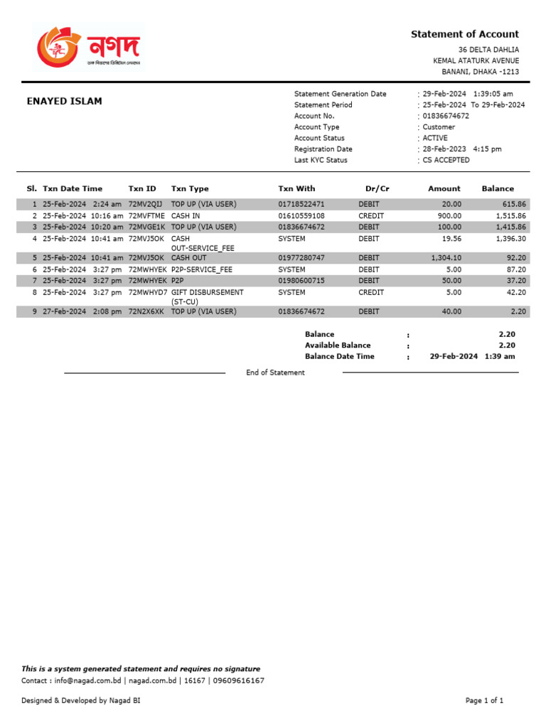 Nagad Account Statement 29feb2024 | PDF | Debits And Credits | Financial Services