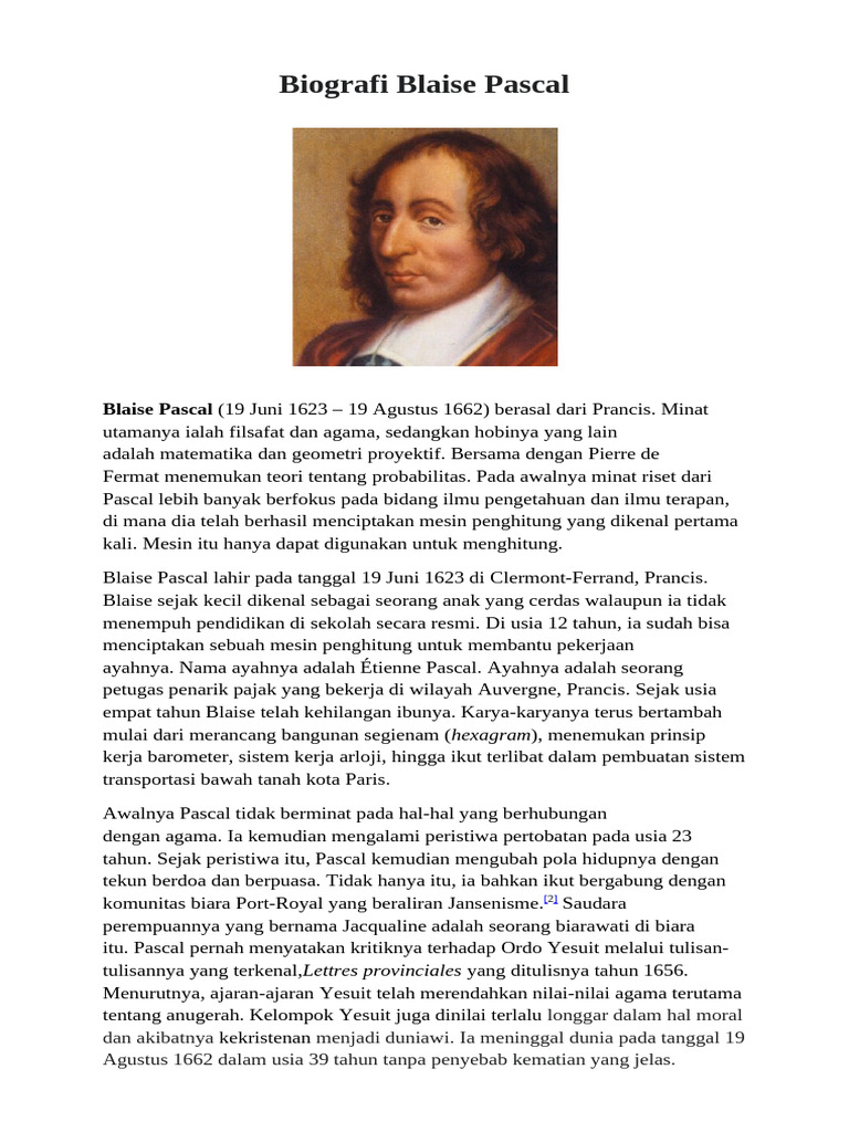 Biografi Singkat Blaise Pascal | PDF
