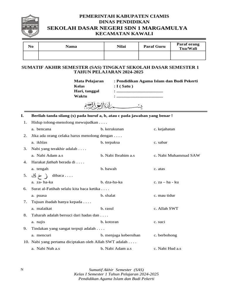NASKAH SOAL SAS I PAIBP KELAS 1 Dan 4 TP 20212-2023 | PDF