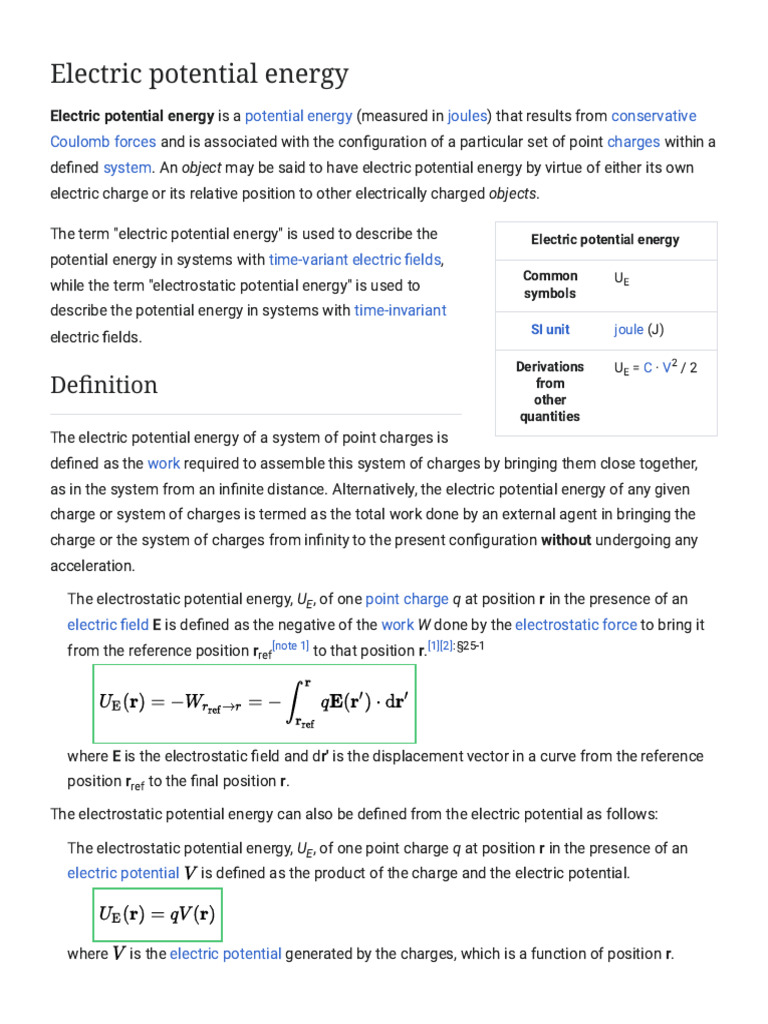 Electric Potential Energy - Wikipedia | PDF | Capacitor | Potential Energy