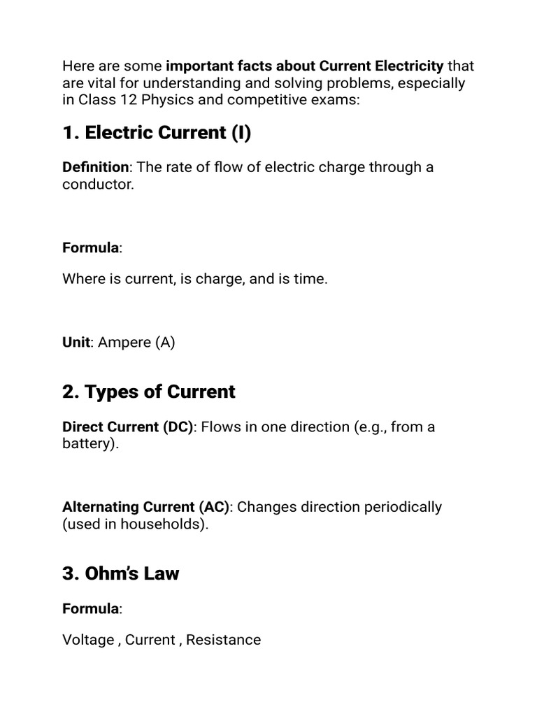 Some Important Facts About Current Electricity | PDF