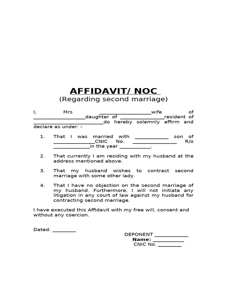 Affidavit NOC For Second Marraige by Wife | PDF