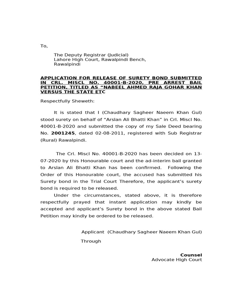 Application For Release of Surety Bond Submitted in Bail (High Court) | PDF