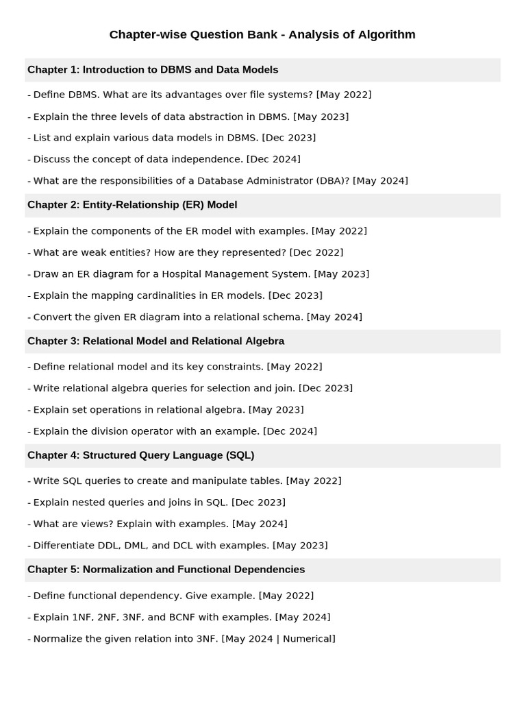 Chapterwise Question Bank DBMS With Numericals | PDF | Relational Model | Sql
