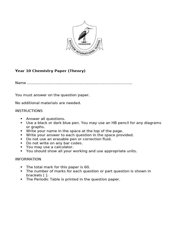 Year 10 Chemistry Theory Exam Paper | PDF | Alkene | Ion