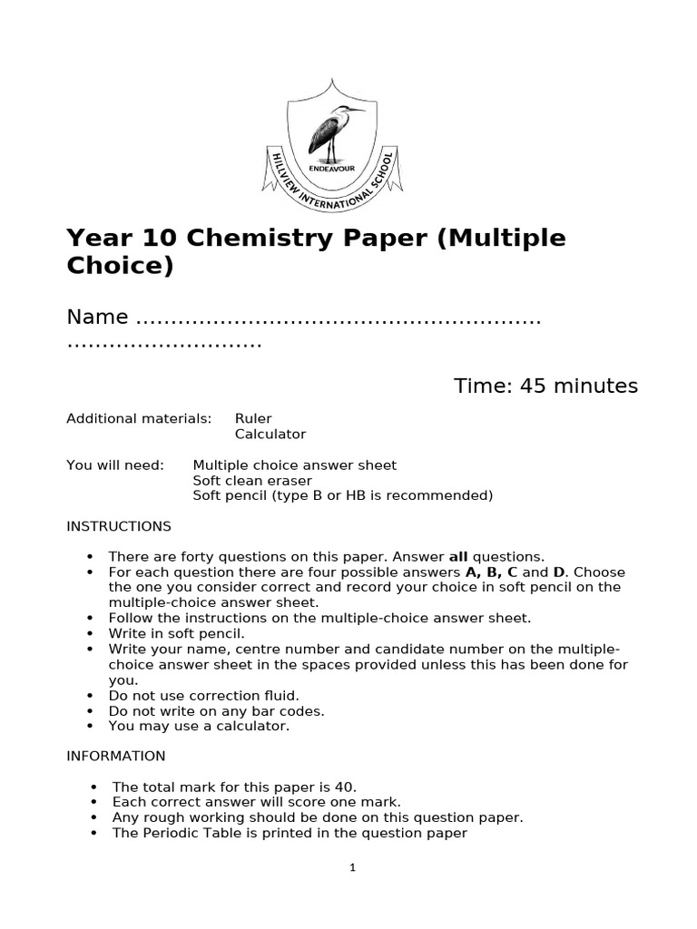 Year 10 Chemistry Paper - Multiple Choice | PDF | Sodium | Chloride