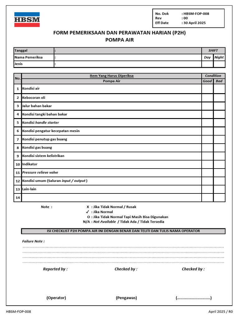 Form P2H Pompa Air Harian | PDF
