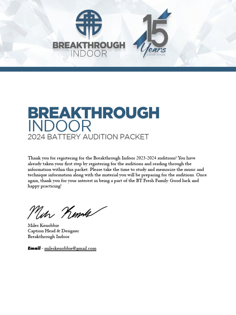 Breakthrough 2024 front ensemble packet | PDF | Audition
