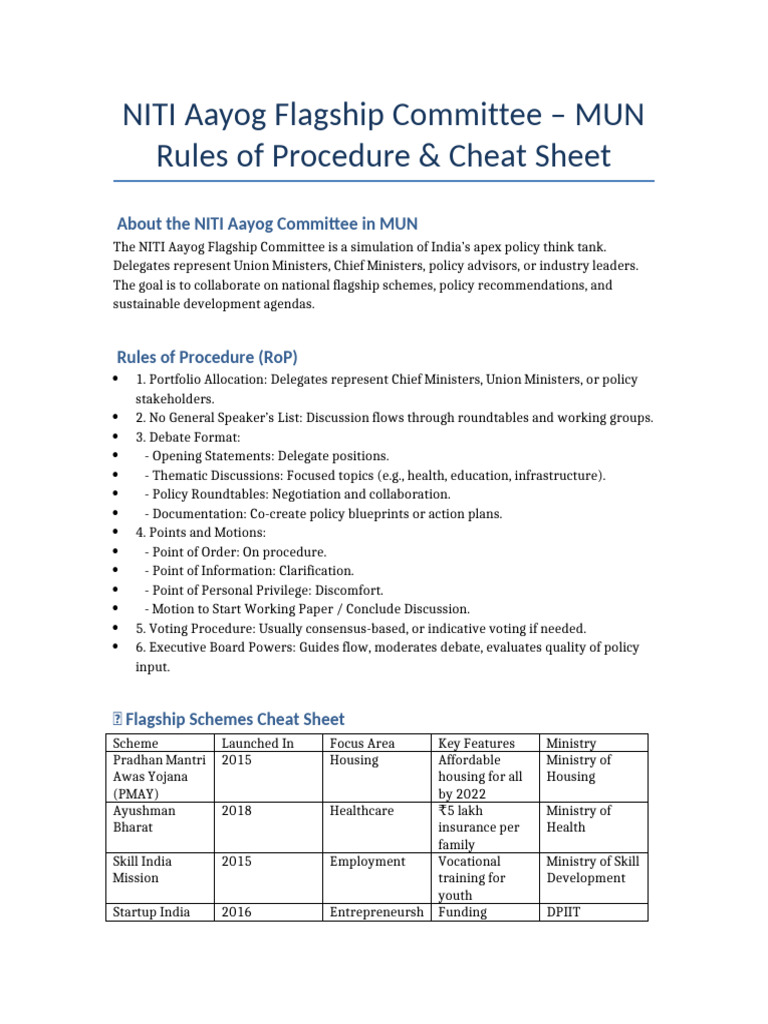 NITI Aayog MUN Rules and Cheat Sheet | PDF