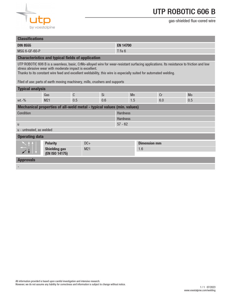 doc_20200922_Datasheet UTP AF ROBOTIC 606 B Cored Wire | PDF | Welding ...