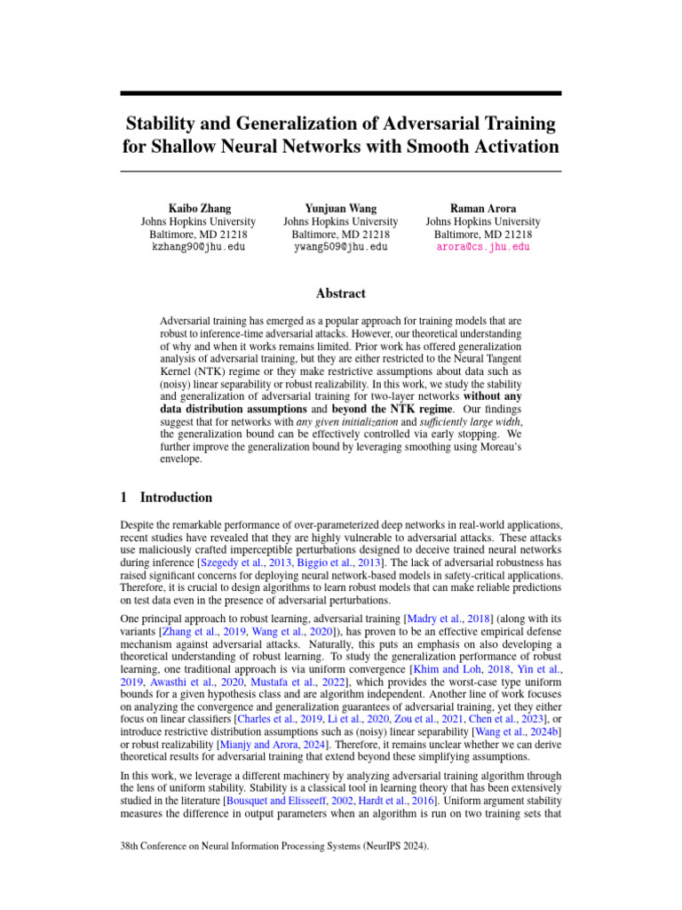 Stability and Generalization of Adversarial Training For Shallow Neural Networks With Smooth ...