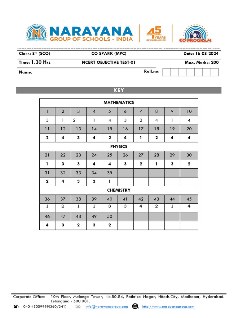 8TH - Co-Spark Ncert Objective Test-01 - Key - Exam - DT.16-08-2024 | PDF