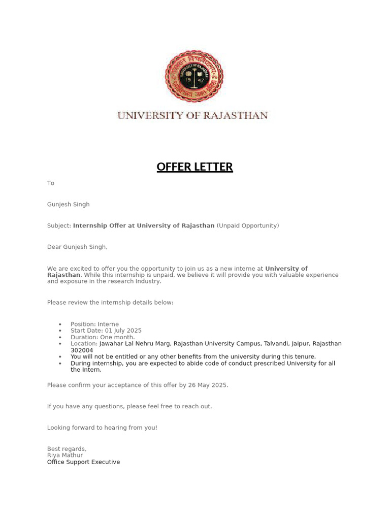 Internship Offer at University of Rajasthan | PDF
