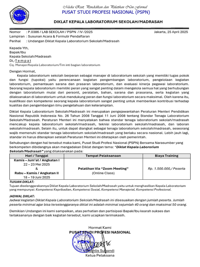 Diklat Kepala Laboratorium 2025 Online | PDF