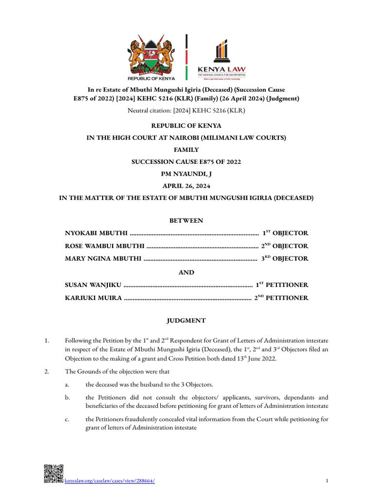 In Re Estate of Mbuthi Mungushi Igiria (Deceased) (Succession Cause ...