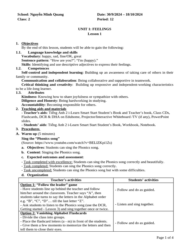 TiếngAnh2 - i-LearnSmartStart-U1 Lesson 1 | PDF | Phonics | Learning ...