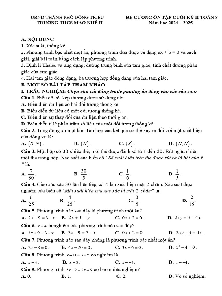 De Cuong Cuoi Ky 2 Toan 8 Nam 2024 2025 Truong Thcs Mao Khe 2 Quang Ninh | PDF
