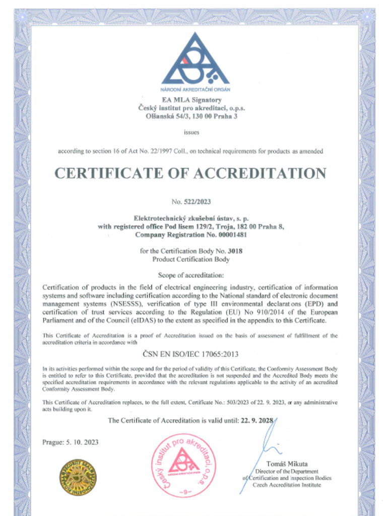 06 Product Certification - Certificate of Accreditation No. 522 - 2023 ...