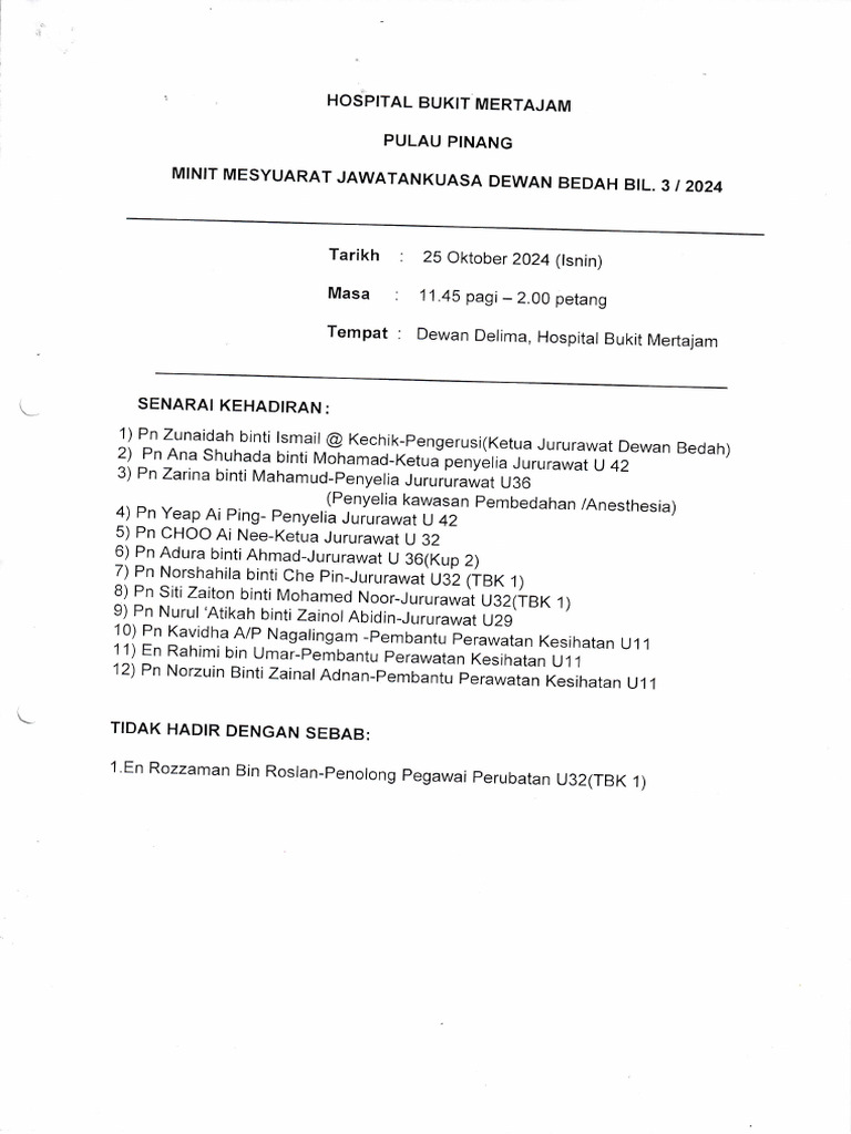 Minit Mesyuarat Dewan Bedah 3 2024 | PDF