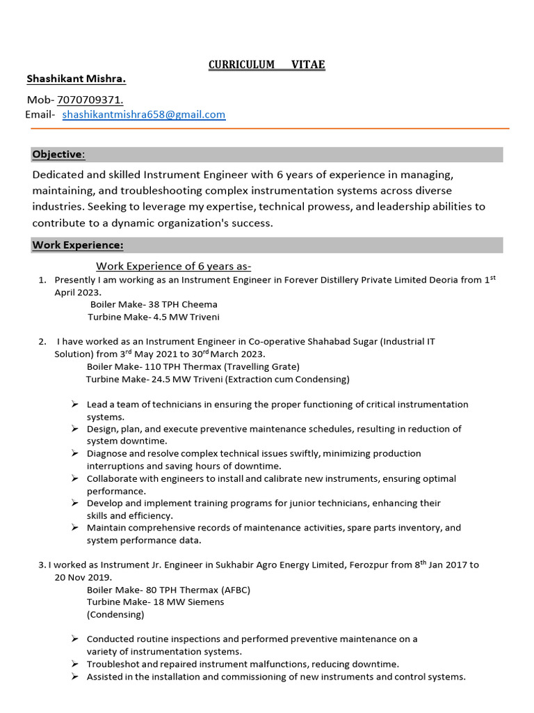 Shashikant Mishra CV New Engineer | PDF | Instrumentation | Pressure Measurement