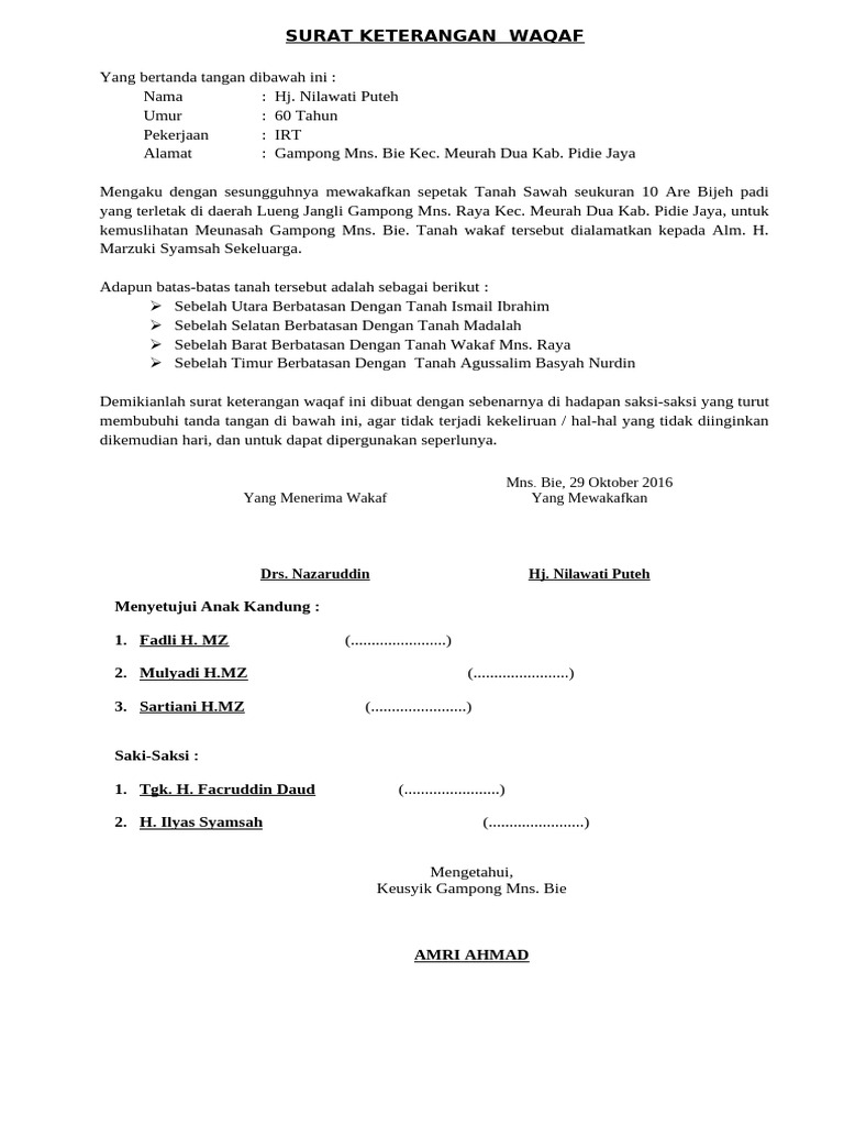 Surat Keterangan Wakaf Tanah | PDF