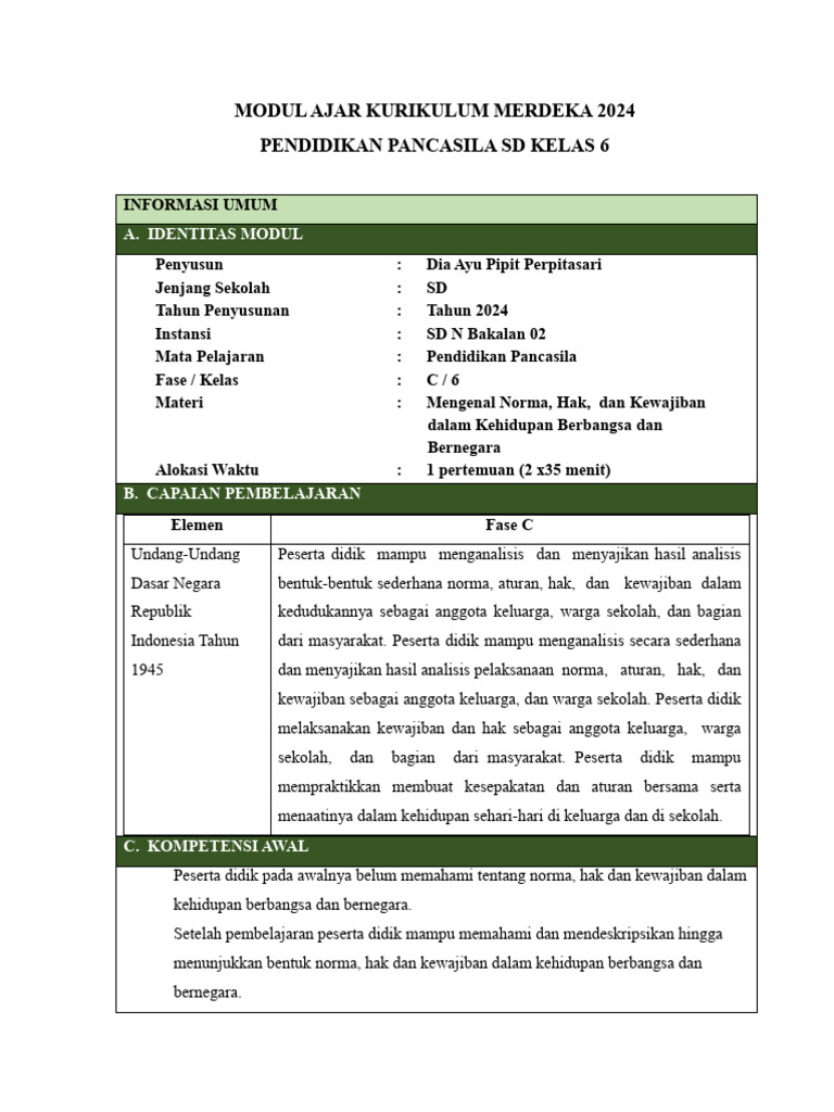 Modul Ajar Kumer Kelas 6 Ujiann | PDF