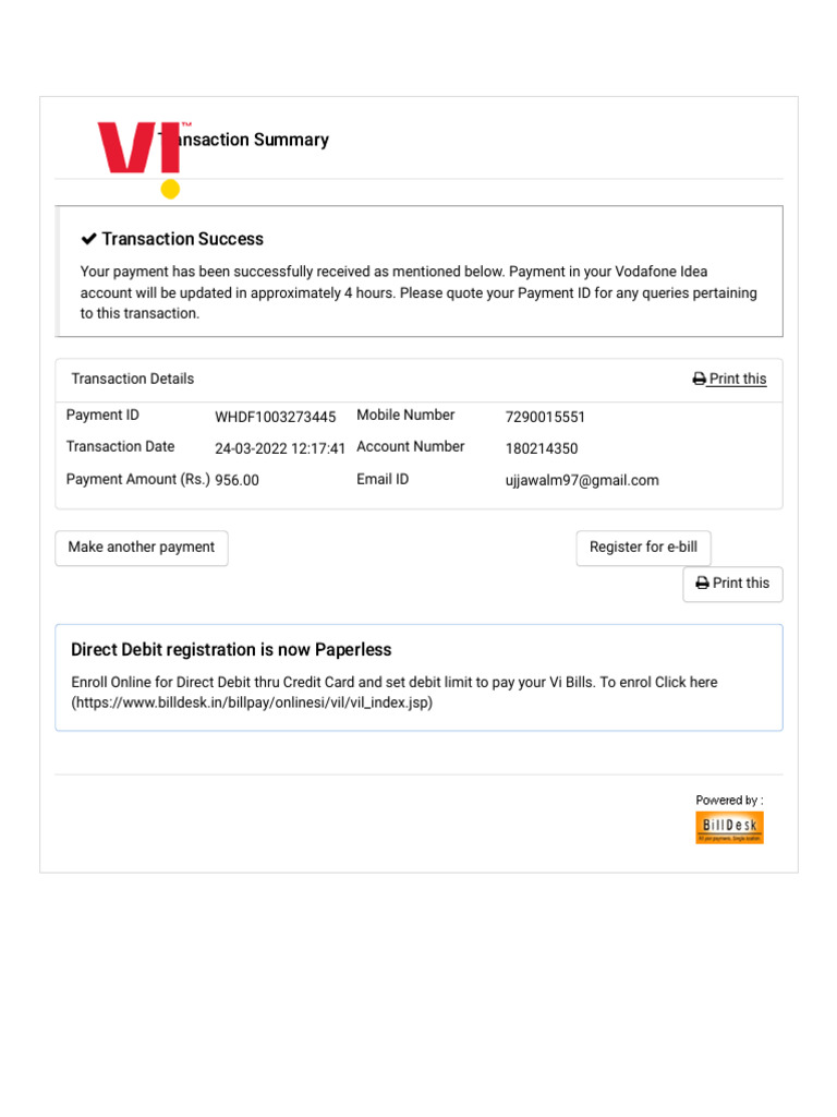 Vodafone Payment Confirmation Details | PDF