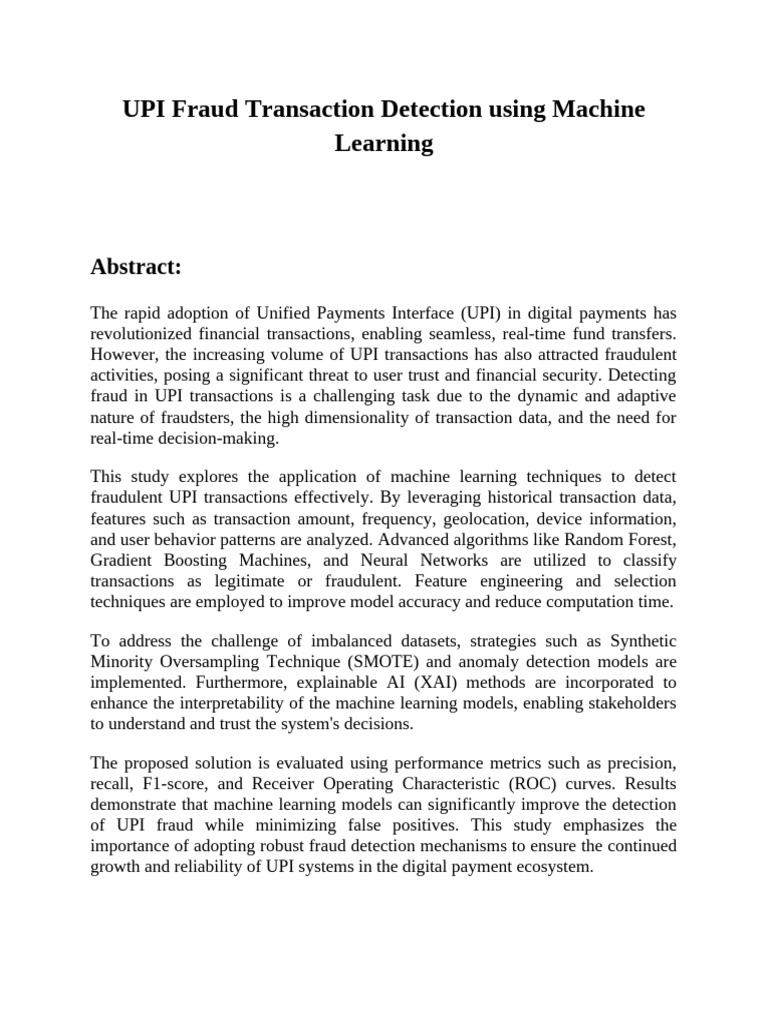 UPI Fraud Transaction Detection Using Machine Learning | PDF | Machine Learning | Python ...